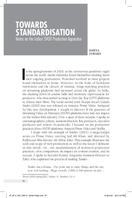 Pdf Towards Standardization Notes On The Indian Svod Production