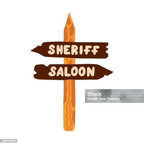 화살표와 글자가 있는 서양 나무 간판은 만화 손으로 그린 스타일의 보안관과 술집입니다 판자 나무로 만든 복고풍 간판 또는 푯말 도로 방향 정보를 제공하는 와일드 웨스트