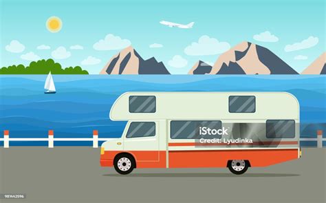 주말 휴일에 트레일러 캐 러 밴입니다 여름 바다 풍경입니다 벡터 평면 그림 야외에 대한 스톡 벡터 아트 및 기타 이미지 야외 자동차 여행 바다 Istock