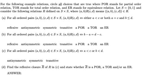 Solved For The Following Example Relations Circle All Chegg Com