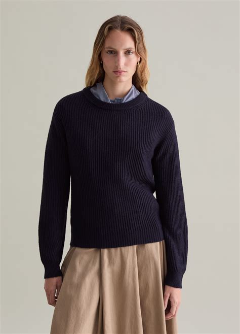 Womans Night Blue Ribbed Pullover With Round Neckline Piombo