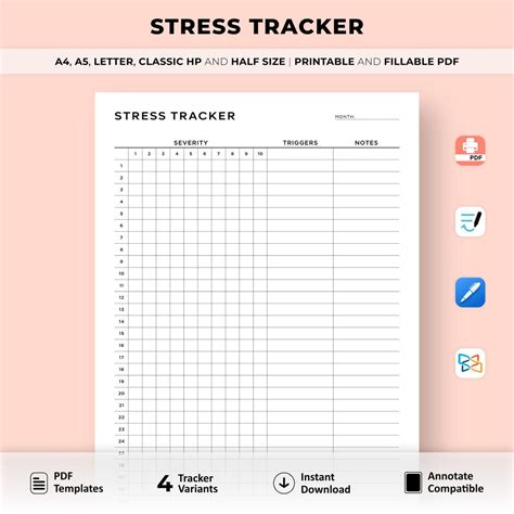 Stress Tracker Printable Monthly Stress Log Stress Severity Tracker Stress Tracker Journal