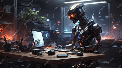 Premium Ai Image A Cute Robot Using Computer