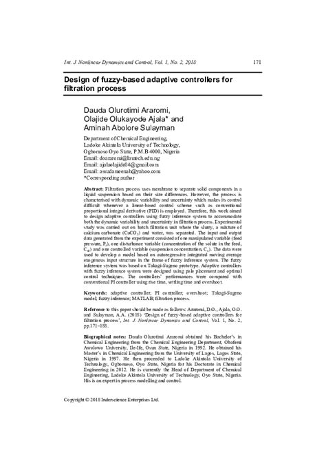 Pdf Design Of Fuzzy Based Adaptive Controllers For Filtration Process