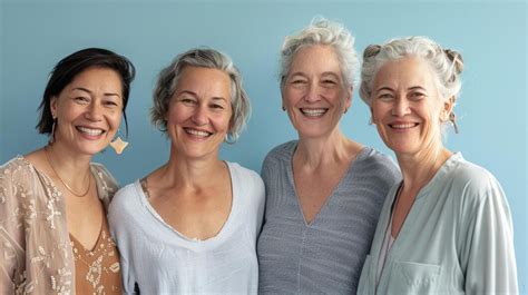 Joyful Group Of Mature Women Smiling Together Against Blue Background