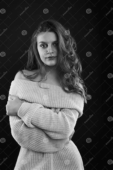 Romantic Young Woman With Long Curly Hair With Bare Shoulders Stock
