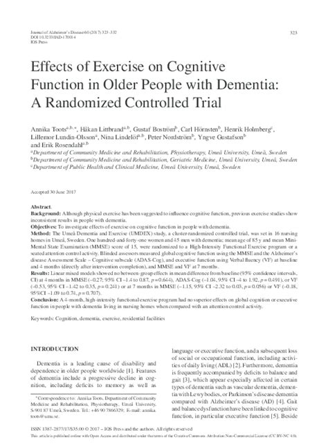 Pdf Effects Of Exercise On Cognitive Function In Older People With Dementia A Randomized