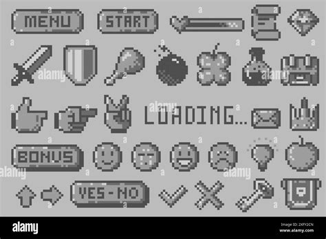pixel 8 bit black symbols emoticons cursor arrow sound text