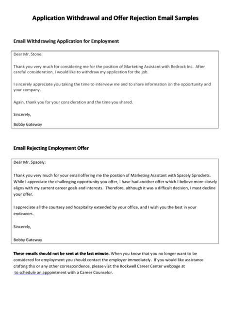 Email Withdrawing Application For Employment And Email Rejecting Employment Offer Printable Pdf