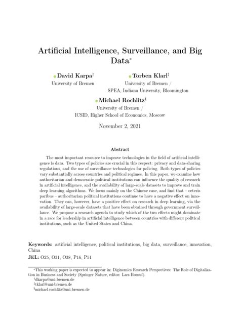 Artificial Intelligence Surveillance And Big Data Pdf Motivation Motivational