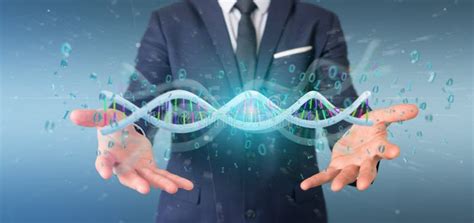 Businessman Holding A 3d Rendering Data Coded Dna With Binary File