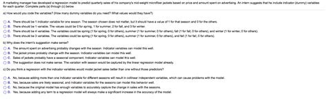solved a marketing manager has developed a regression model