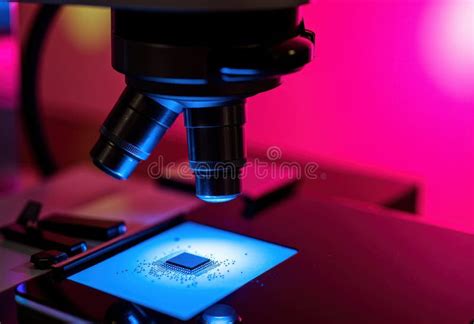 Close Up Of A Microscope Examining A Microchip Under Vibrant Lighting