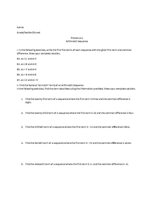 Arithmetic Sequence Name Gradesectionstrand Precalculus Arithmetic