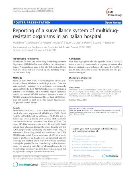 Pdf Reporting Of A Surveillance System Of Multidrug Resistant Organisms In An Italian Hospital