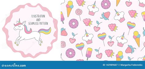 Cute Vector Unicorn Illustration And Seamless Pattern Stock Vector Illustration Of Cute