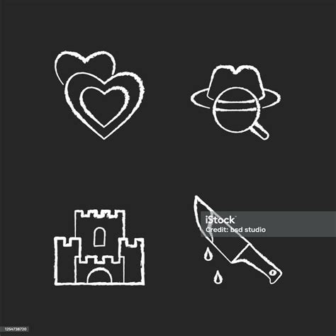 인기 영화 유형 분필 흰색 아이콘은 검은 배경에 설정 로맨틱 영화 탐정 미스터리 판타지와 스릴러 다른 시네마토그래피 장르 격리된 벡터 칠판 일러스트레이션 개념에 대한 스톡