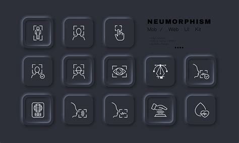 생체 측정 세트 아이콘입니다 스캔 스캐너 얼굴 Id 지문 인식 눈 홍채 음성 인식 잠금 해제 입력 국제 여권 손 펄스 개인 정보 보호 개념 신형성 벡터 선 아이콘 생체