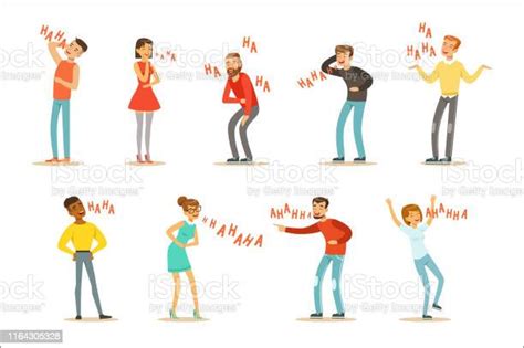 성인 히스테리 웃음과 웃음과 함께 만화 캐릭터의 큰 소리로 세트를 웃음 텍스트에 철자 귀여운에 대한 스톡 벡터 아트 및 기타