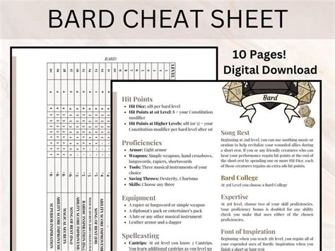 Bard Cheat Sheet Bard Quick Reference Guide Dnd Cheat Sheet 10 Page