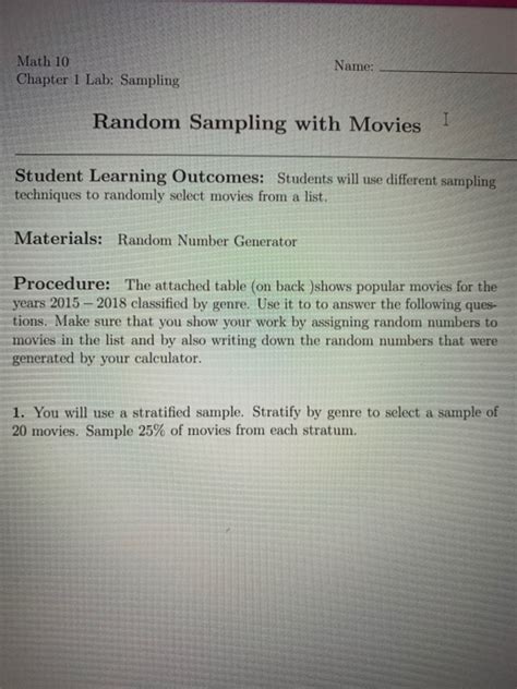 Solved Math Chapter Lab Sampling Name Random Sampling Chegg