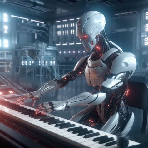 Ai Generated Illustration Of A Robot Playing A Synthesizer In A High