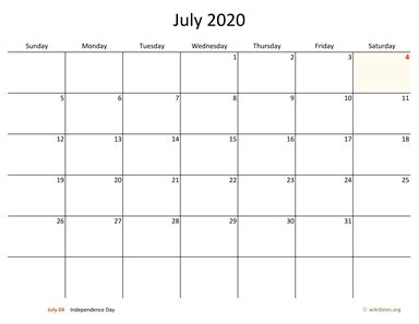July 2020 Calendar With Bigger Boxes