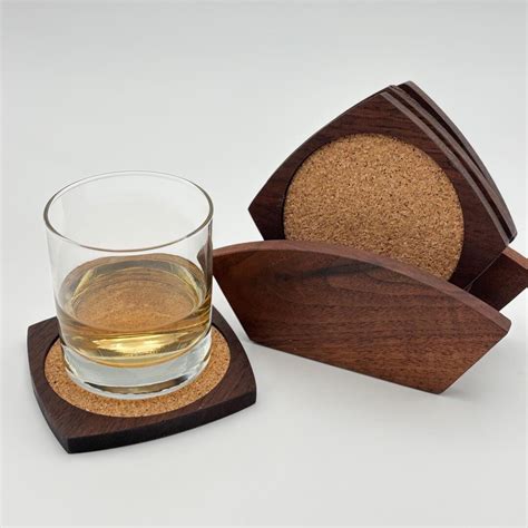 Mid Century Modern Walnut Coasters Upcycled Wood And Cork Set Of 4