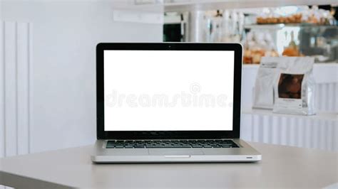 Blank Screen Laptop Computer Set Up For Work On White Wooden Desk Stock Image Image Of