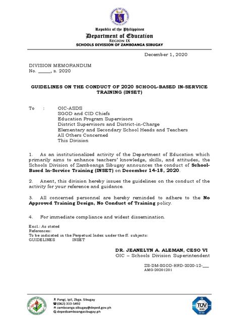 Memo Inset Guidelines Sanghanan Es Pdf Educational Assessment Teachers