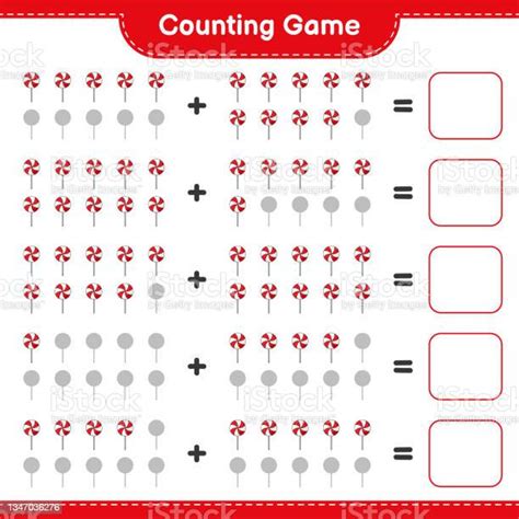 게임을 계산 사탕의 수를 계산하고 결과를 작성합니다 교육 어린이 게임 인쇄 워크 시트 벡터 일러스트레이션 0명에 대한 스톡 벡터 아트 및 기타 이미지 Istock