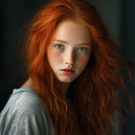 Premium Ai Image A Red Haired Girl With A Grey Shirt And Blue Eyes