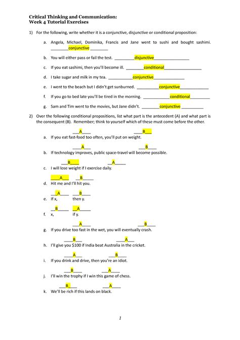 Week 4 Conditionals Worksheet Week 4 Tutorial Exercises For The
