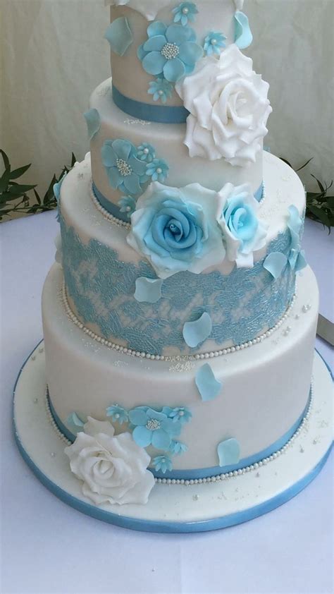 Pastel Blue White Iced Couture Wedding Cake 4 Tiers With Pearls And