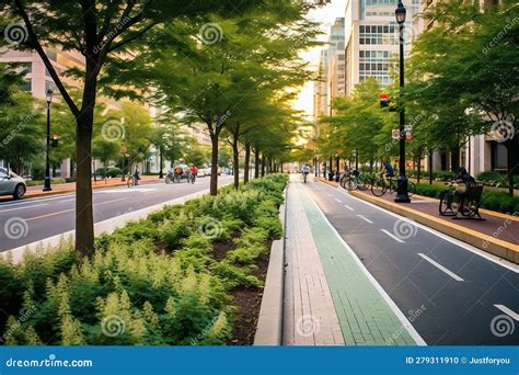 Sustainable City Street Infrastructure With Bike Lanes And Green Spaces