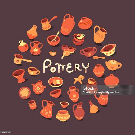 서클 템플릿 도자기 워크샵 도자기 클래스 배너 그림 도자기 바퀴 포터 점토 말 그리고 낙서와 플랫 스타일에 아이콘을 설정 하는