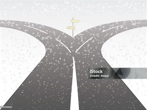 눈 덮인 날씨에 방향 화살표와 함께 두 가지 방법으로 고속도로로 개념에 대한 스톡 벡터 아트 및 기타 이미지 개념 거리 검은색 Istock
