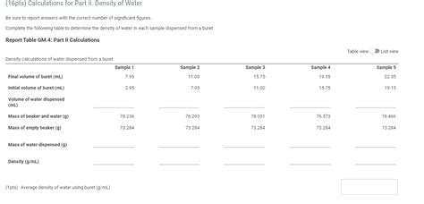 solved 16pts calculations for part ii density of water be