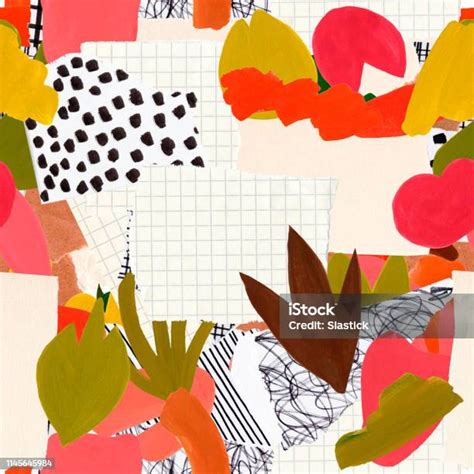 구 아 슈와 종이 콜라주 완벽 한 패턴입니다 Trandy 추상 콜라주입니다 종이 요소 스케치 낙서 선 도트 꽃 나뭇잎 모양을 잘라냅니다 손으로 그린 그림 포장 커버 등 0