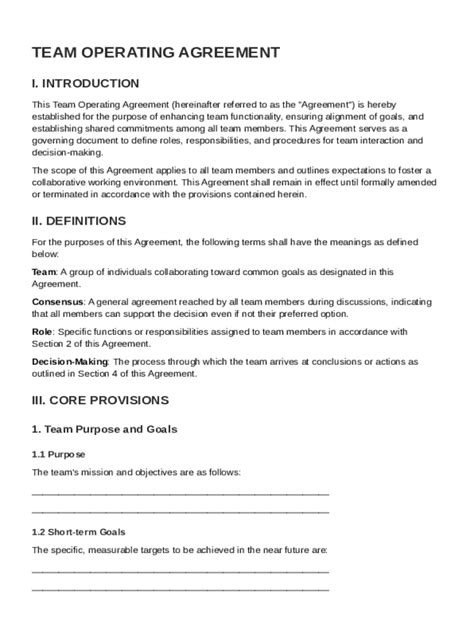 Team Operating Agreement Template Form Fill Online Printable
