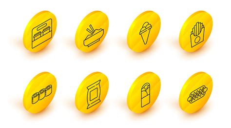 세트 라인 핫도그 샌드위치 도너 케밥 가방 또는 패킷 감자 칩 스시 감자 감자 튀김 상자 아이스크림 와플 콘 젓가락이 있는 밥 그릇 및 커피 컵 이동 아이콘 벡터 0명에