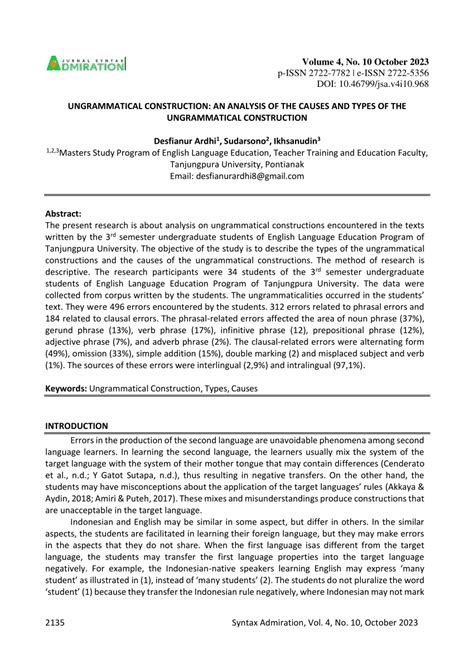 Pdf Ungrammatical Construction An Analysis Of The Causes And Types Of The Ungrammatical