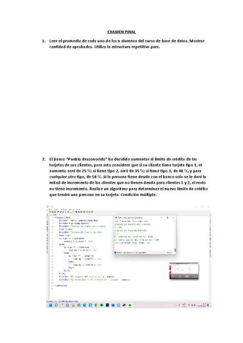 Examen Final Algoritmos EXAMEN FINAL Leer El Promedio De Cada Uno De Los N Alumnos Del Curso