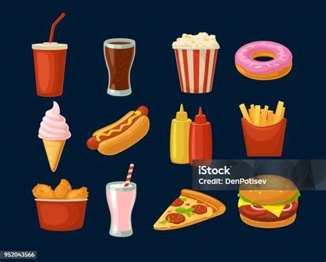 패스트 푸드 설정된 아이콘입니다 컵 콜라 햄버거 피자 튀김 닭 다리 패스트 푸드점에 대한 스톡 벡터 아트 및 기타 이미지