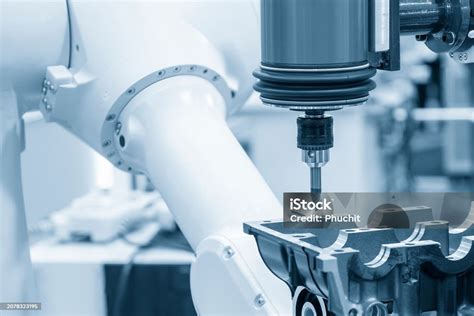 Closeup Scene The Milling Spindle Attached On The Robotic Arm Finish