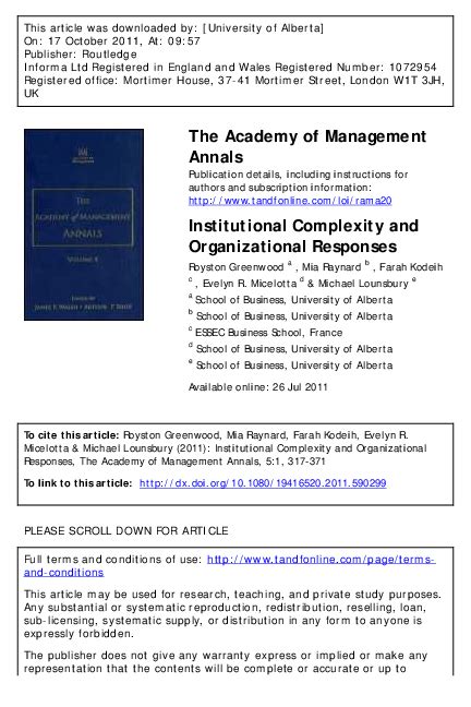 Pdf Institutional Complexity And Organizational Responses
