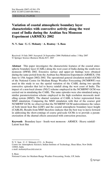 Pdf Variation Of Coastal Atmospheric Boundary Layer Characteristics With Convective Activity
