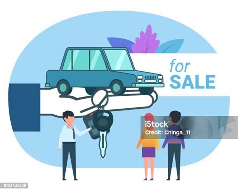 자동차 판매자 딜러입니다 남자 고 여자 새 차를 구입입니다 프레 젠 테이 션 웹 페이지 배너 사회 미디어에 대 한 포스터 개념에 대한 스톡 벡터 아트 및 기타 이미지