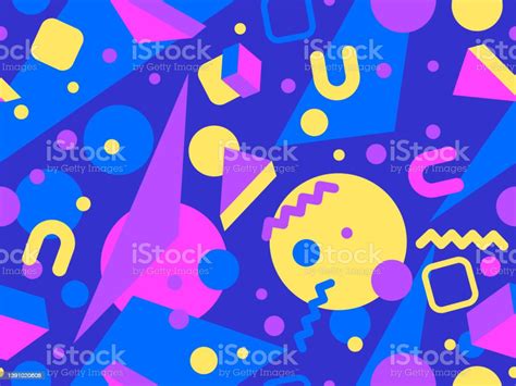 80 년대 스타일의 기하학적 원활한 패턴 등등 측정 기하학적 3d 셰이프 종이 홍보 자료 및 직물에 인쇄하기위한 트렌디 한 복고풍 배경 벡터 일러스트레이션 0명에 대한 스톡