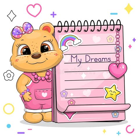 A Cute Cartoon Bear Girl With A Big Pink Notebook With Stickers Stock